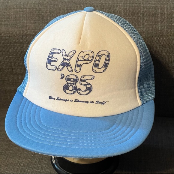 Accessories | Vintage Expo 85 Blue And White Trucker Mesh Hat Cap Made ...